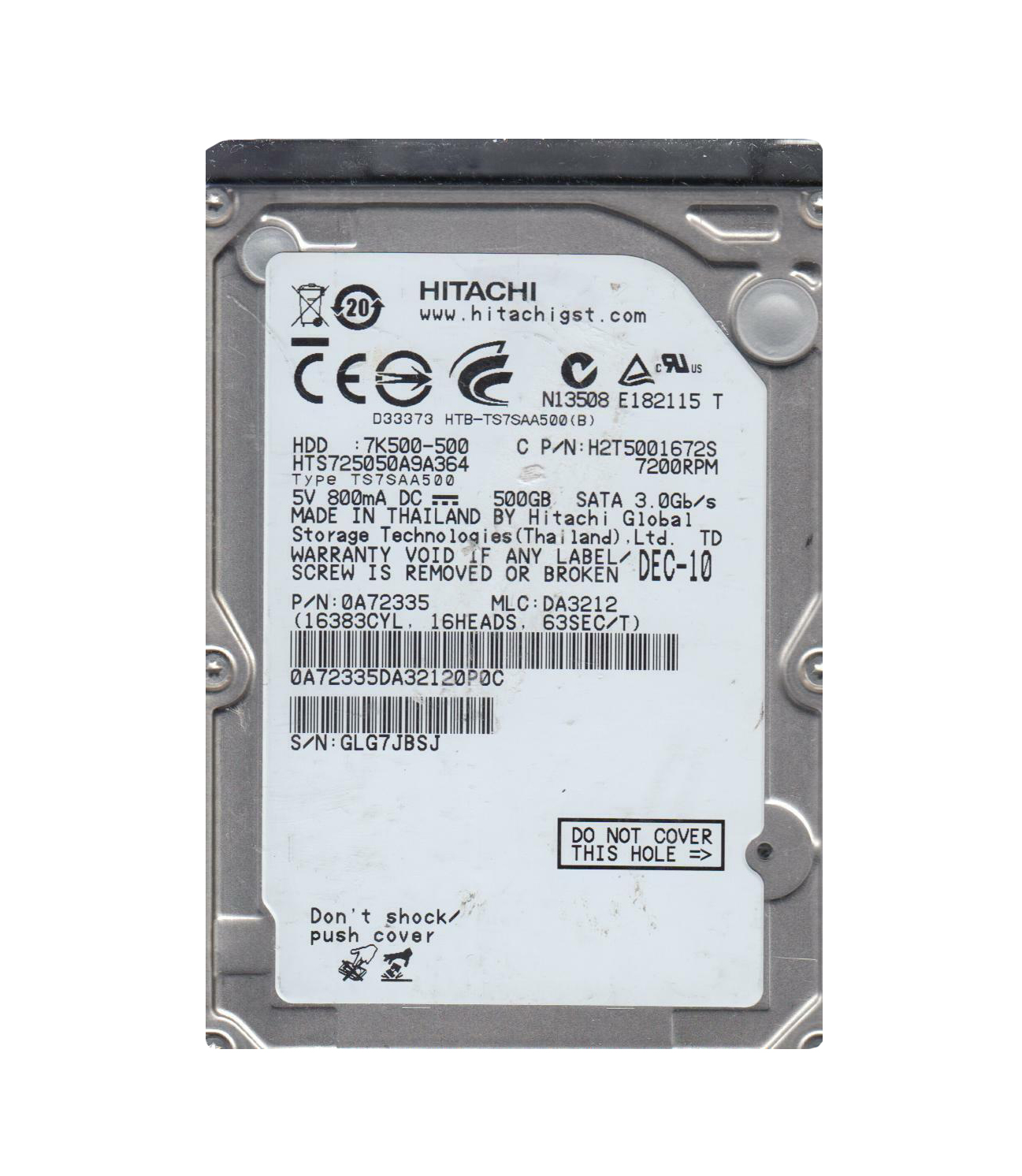 0A72335 - Hitachi Travelstar 7K500 Series 500GB 7200RPM SATA 3Gb/s 16MB ...