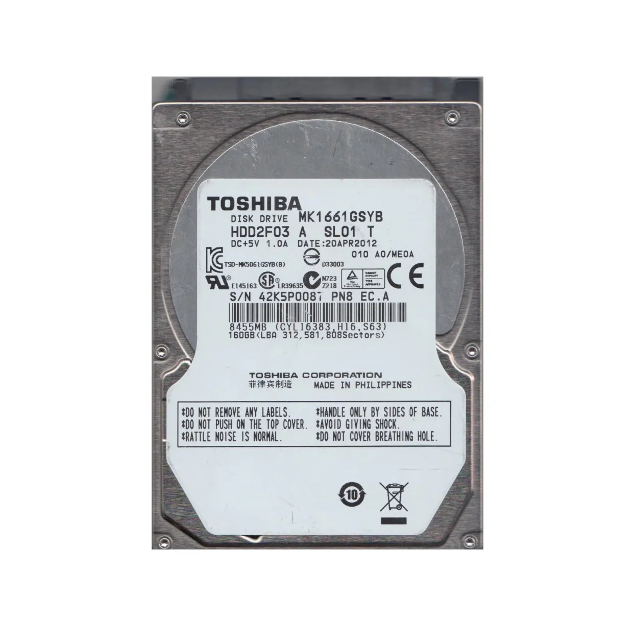 HDD2F03 - Toshiba 160GB 7200RPM SATA 3Gb/s 16MB Cache 2.5-Inch Hard Drive