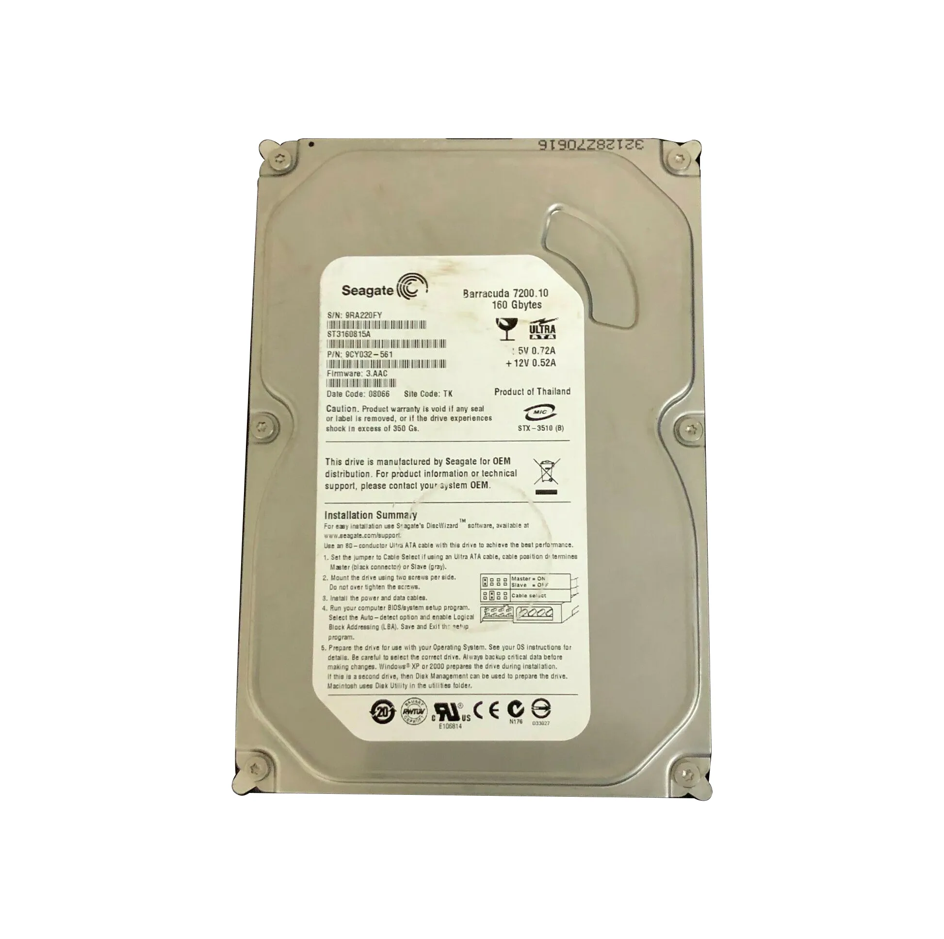 ST3160815A - Seagate BarraCuda 7200.10 Series 160GB 7200RPM IDE Ultra ...