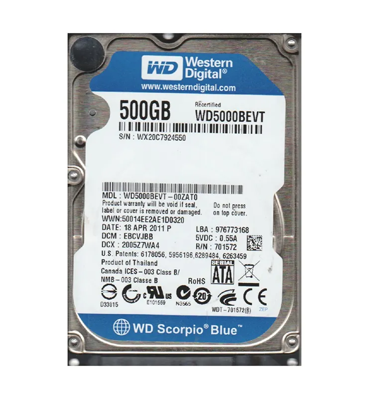 WD5000BEVT-00ZAT0 - Western Digital Scorpio Blue 500GB 5400RPM SATA 3Gb/s Hot-Swappable 8MB ...